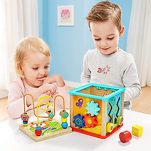 TOP BRIGHT Toys for 1 Year Old Boy and Girl Birthday Gifts, Activity Cube Wooden Educational Toys for One Year Old Bead Maze Shape Sorter