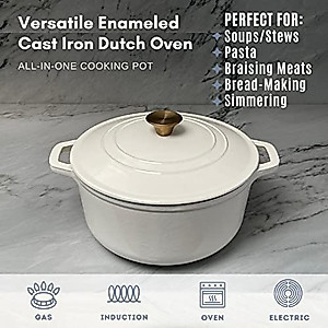 Lexi Home Cast Iron Enameled Dutch Oven Pot with Lid 6 qt, Sauce Pan, Pasta Server, Stove Top Pot, Dish for Sourdough Bread, Slow Cooking Chicken, Soup & More, Kitchen Cookware - Cream