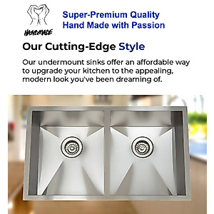 KABCO K-SSZRID3 32 Inch stainless steel Undermount kitchen sink 16 Guage 50/50 Zero Radius Double Bowl kitchen sink 32"L X 19"W X 10"D Inch