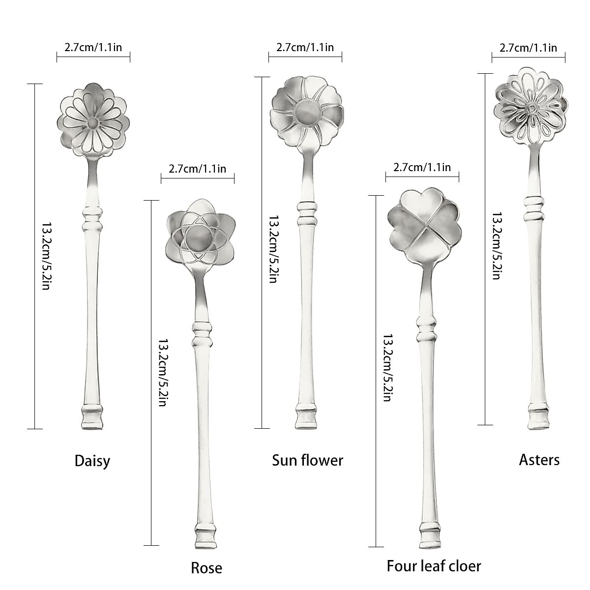 Flower Spoon Coffee Teaspoon Set, Stainless Steel Creative Dessert Spoons Sugar Spoon Coffee Spoon Teaspoon Ice-Cream Spoon Mixing Spoon Stir Bar Spoon Ice Tea Spoon (10Pcs, Silver)