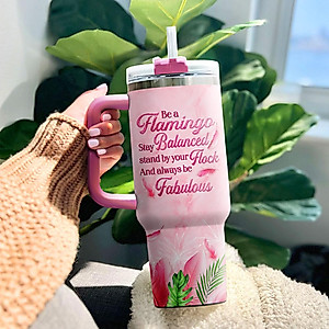 Tumbler 40 Oz With Handle Lid And Straw, Flamingo Tropical, Adults Tumblers Modern Red Quartz Simple Stainless Camelia Primrose Rose Women Funny Glitter Steel, Flamingo Gifts