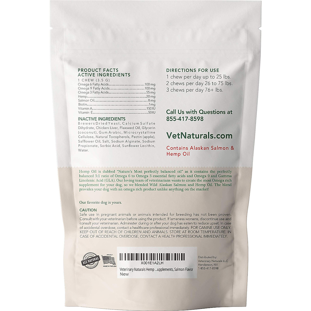 Veterinary Naturals Hemp Oil & Salmon Oil Chews for Dogs - Support HIPS & Joint - Best Source of Omega 3 - Fish Oil for Dog’s Shiny Coat & Itch Free Skin - 60 Soft Chew Dog Joint Supplements