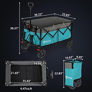 Sekey 220L Collapsible Foldable Wagon with 330lbs Weight Capacity, Heavy Duty Folding Wagon Cart with Big All-Terrain Wheels & Drink Holders (Turquoise)