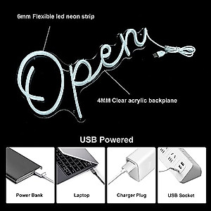 LIYUNEON Open Neon Signs, Cool White Led Neon Lights USB Powered, Signs for Wall Decor, Restaurant Bar Salon Stores Hotel, Wedding, Engagement Party ,Bedroom Decor, Neon For Bedroom Home Aesthetic Room Decor，Neon Sign Bar(15.75x9.45in) (Open)