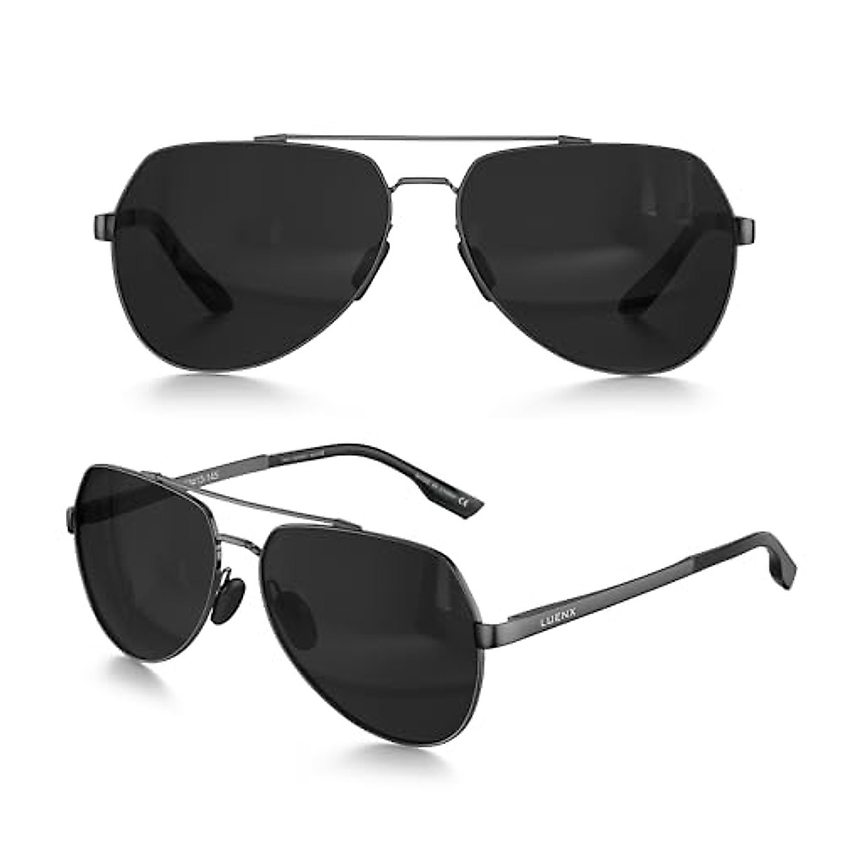 LUENX Men Women Aviator Sunglasses Polarized Shades Flexible Spring Hinge - Black Lens Gunmetal Metal Frame 60mm
