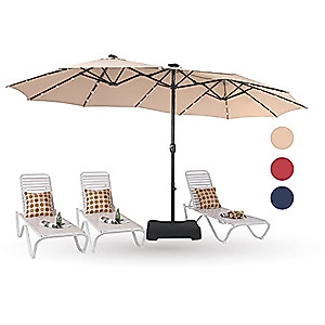 PHI VILLA 15ft Large Patio Umbrella with Solar Lights, Double-Sided Outdoor Market Rectangle Umbrellas with 36 LED Lights, Base (Stand) Included, Beige