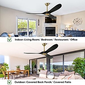 52 inch Black Outdoor Ceiling Fan No Light with Remote, 3 Blade Wood Ceiling Fan with Wall Control Quiet DC Motor Memory Function Black Gold Ceiling Fan for Farmhouse Indoor Wet Rated Patios