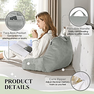 downluxe Reading Pillow with Arms, Back Pillow for Sitting in Bed, Adult Bed Rest Pillow with Shredded Memory Foam and Removable Cover (18 X 15 Inches Grey)