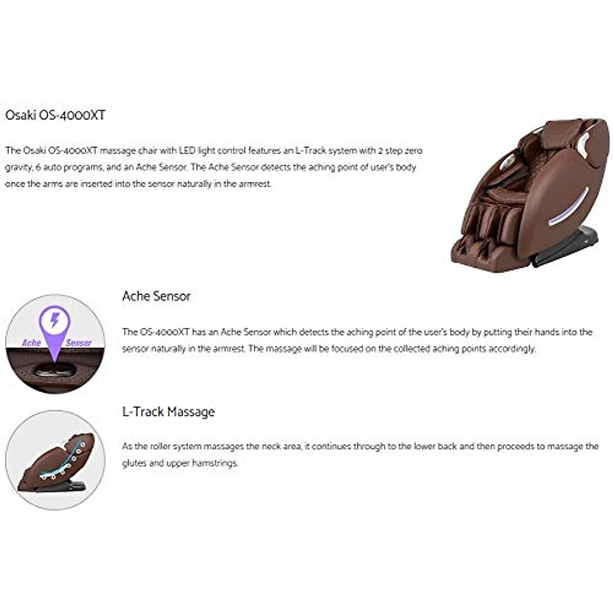 Osaki OS-4000XT B Massage Chair with LED Light Control, Brown, Ache Sensor, L-Track Massage, 2-Step Zero Gravity Mode, 6 Massage Styles, 6 Auto Massage Programs, Space Saving Technology