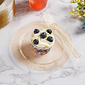 Goodluck 120PCS Gold Glitter Plates with Plastic Forks, Gold Dessert Plates for 60 Guests, Heavy Duty Disposable Plates for Party, Including 60 7" Plastic Plates and 60 7.4" Plastic Forks