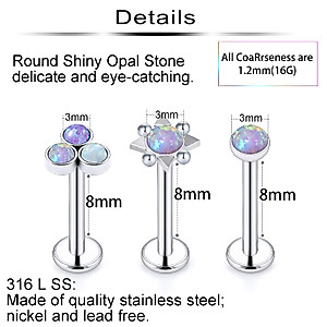 Ftovosyo Opal Medusa Piercing Jewelry 16G Stainless Steel Lip Rings Internally Threaded Labret Studs Forward Helix Cartilage Conch Tragus Earring Stud for Women Men