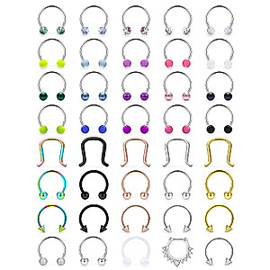 Ftovosyo 40Pcs 16G Surgical Steel Nose Septum Rings Piercing Jewelry Horseshoe Helix Tragus Cartilage Earring Hoop Eyebrow Lip Hoop Retainer for Women Men 10mm 3/8 inch
