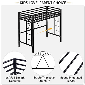 SHA CERLIN Junior Loft Bed Twin Size, Heavy Duty Twin Bed Frame with Full-Length Guardrail & Removable Stairs, Noise-Free, Space-Saving, No Box Spring Needed, Black