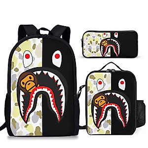 3 PCS Shark Adjustable Shoulder Straps Backpack Cartoon Lunch Bag Camo Large Capacity Stationery Bag Suitable for Climbing Travel