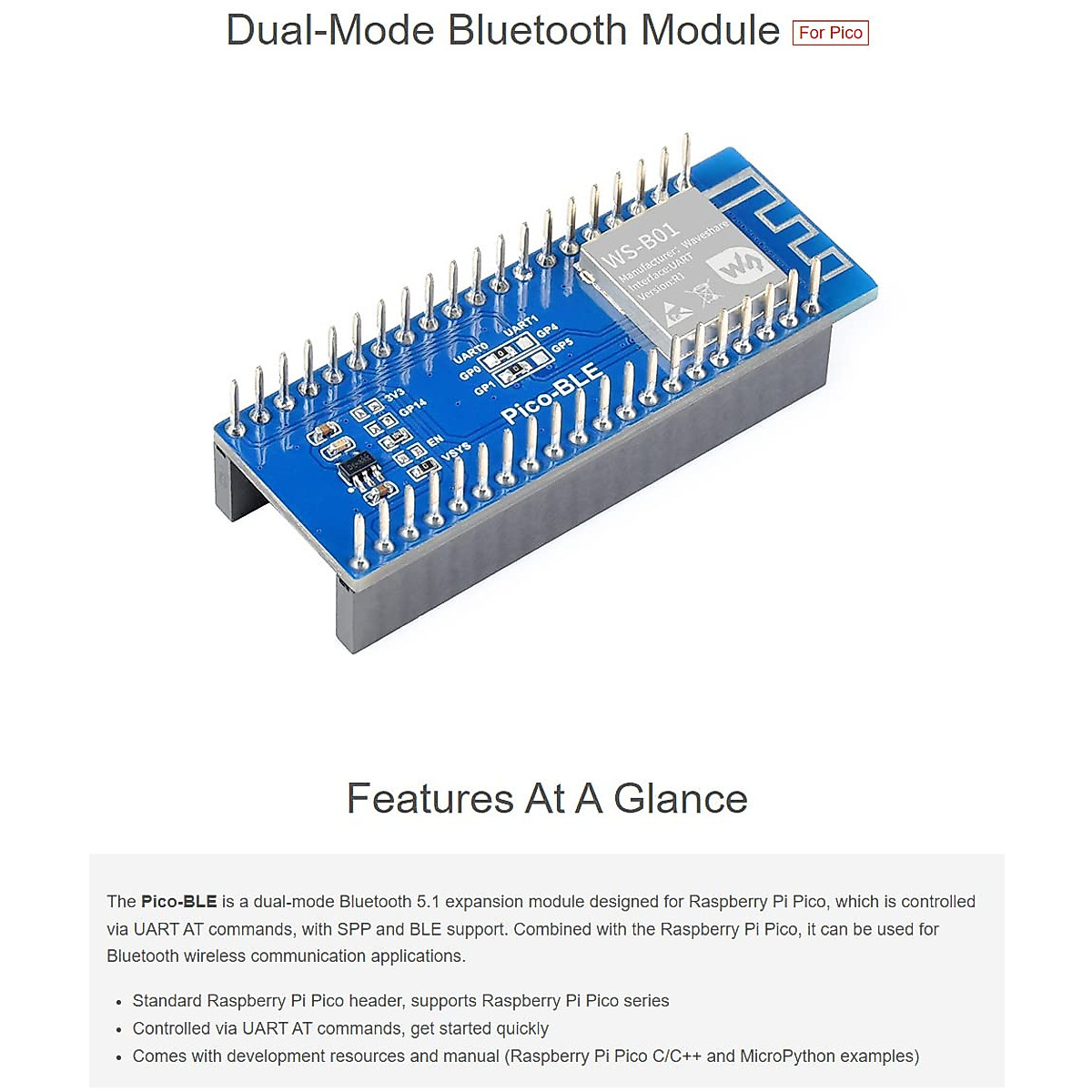 Waveshare Dual-Mode Module for Raspberry Pi Pico SPP/BLE Wireless
