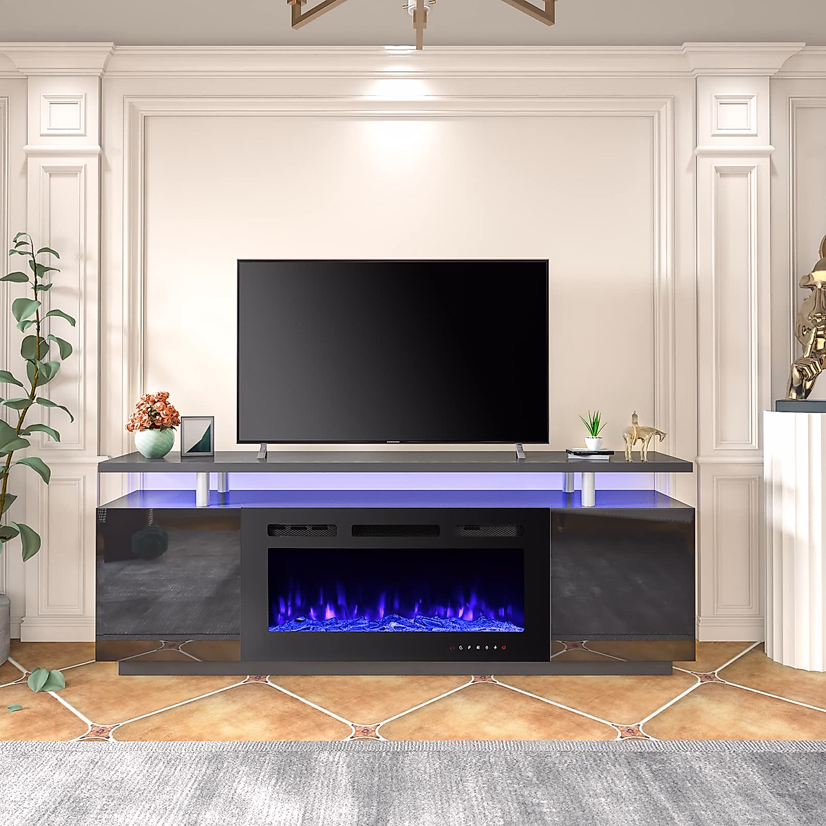 EROMMY 70'' Fireplace TV Stand with 36'' Electric Fireplace, Entertainment Center with 16 Color Led Lights and 12 Flame Fireplace Insert Heater, TV Console for TVs up to 80'' for Living Room, Black