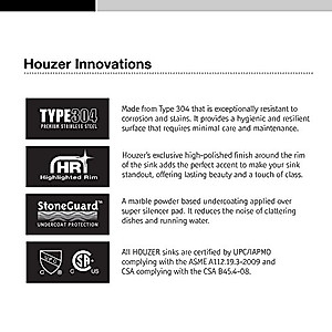 Houzer STS-1400-1 Eston Series Undermount Stainless Steel Single D Bowl Kitchen Sink, 18 Gauge