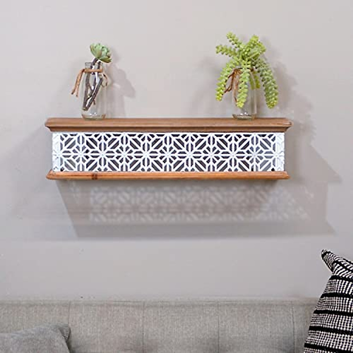 VIP Home and Garden Wooden Floating Shelf with Metal Embossed Lattice, Wall Mounted, Farmhouse Décor, 24 Inches, White, Brown, 24inch L x 6.5inch W x 5.75inch H