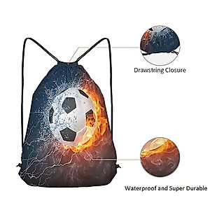 Beabes Soccer Drawstring Bags Backpack Bag Ball In Burning Fire And Water Lightening Sports Passion Football Game Sport Gym Sack Drawstring Bag String Bag Yoga Bag for Men Women