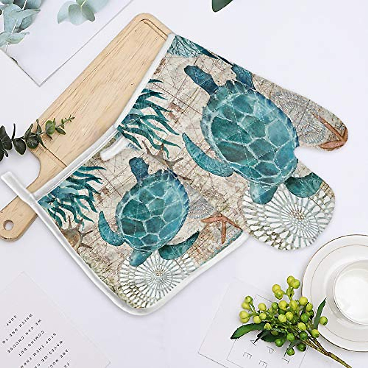 Set of Oven Mitt and Pot Holder,Sea Turtle Kitchen Mittens Heat Resistance Non-Slip Surface for Kitchen BBQ Cooking Baking Grilling,Sea Life Nautical Blue