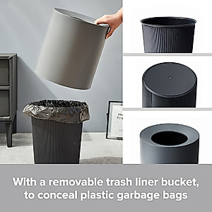 Modern Round Waste Basket - 3.2Gal/12.1L Open Top Trash Bin - Gray Garbage Can with Removable Plastic Bin Liner - Touchless Bathroom Garbage Can or Trash Can for Kitchen - Minimalist Office Trash Can