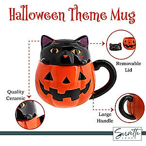 Servette Home Halloween Soup Mug with Lid (Orange Jack 'o Lantern Pumpkin & Black Cat)
