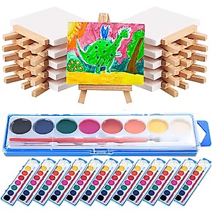 Fuutreo Watercolor Paint Sets 3x4 Mini Canvas Easel Paints Brush Set Kids Art Party Favors and Party Supplies Watercolor Paint Favors Washable Bulk for Kids Birthday Prizes(48 Pcs)