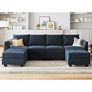 HONBAY Modular Sectional Sofa Convertible U Shaped Couch with Reversible Chaise Velvet Modular Sofa Sectional Couch with Storage Ottoman, Dark Blue