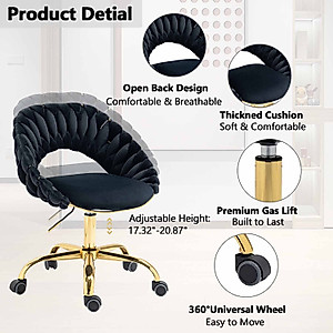 Modern Velvet Office Desk Chair, Upholstered Makeup Vanity Chair with Woven Tufted Back and Gold Base, Swivel Task Chair with Wheels Women Girls Cute Desk Chair for Vanity Room Bedroom Study Black