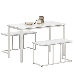 DlandHome 47'' Dining Table Set for 4, Kitchen Table Set Dining Table and 2 Benches, Kitchen Table and Benches, 3 Pieces Breakfast Table Set Dining Table with Bench Dining Room Bench Set, White