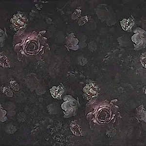 VEELIKE Decorative Wallpaper Rolls Peel and Stick, Dark Floral Peony Vintage Boho Removable Self Adhesive Prepasted for Bedroom Bathroom Walls Cabinets Shelf, Black, 17.7''x118''
