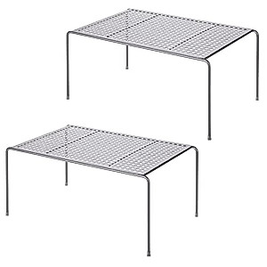 mDesign Small Raised Metal Kitchen Pantry Stacking Plate Organizer Storage Shelves, Cabinet Shelf Rack for Cupboard, or Cabinet - Store Food, Dishes, Bowls, Mugs, Concerto Collection, 2 Pack, Graphite