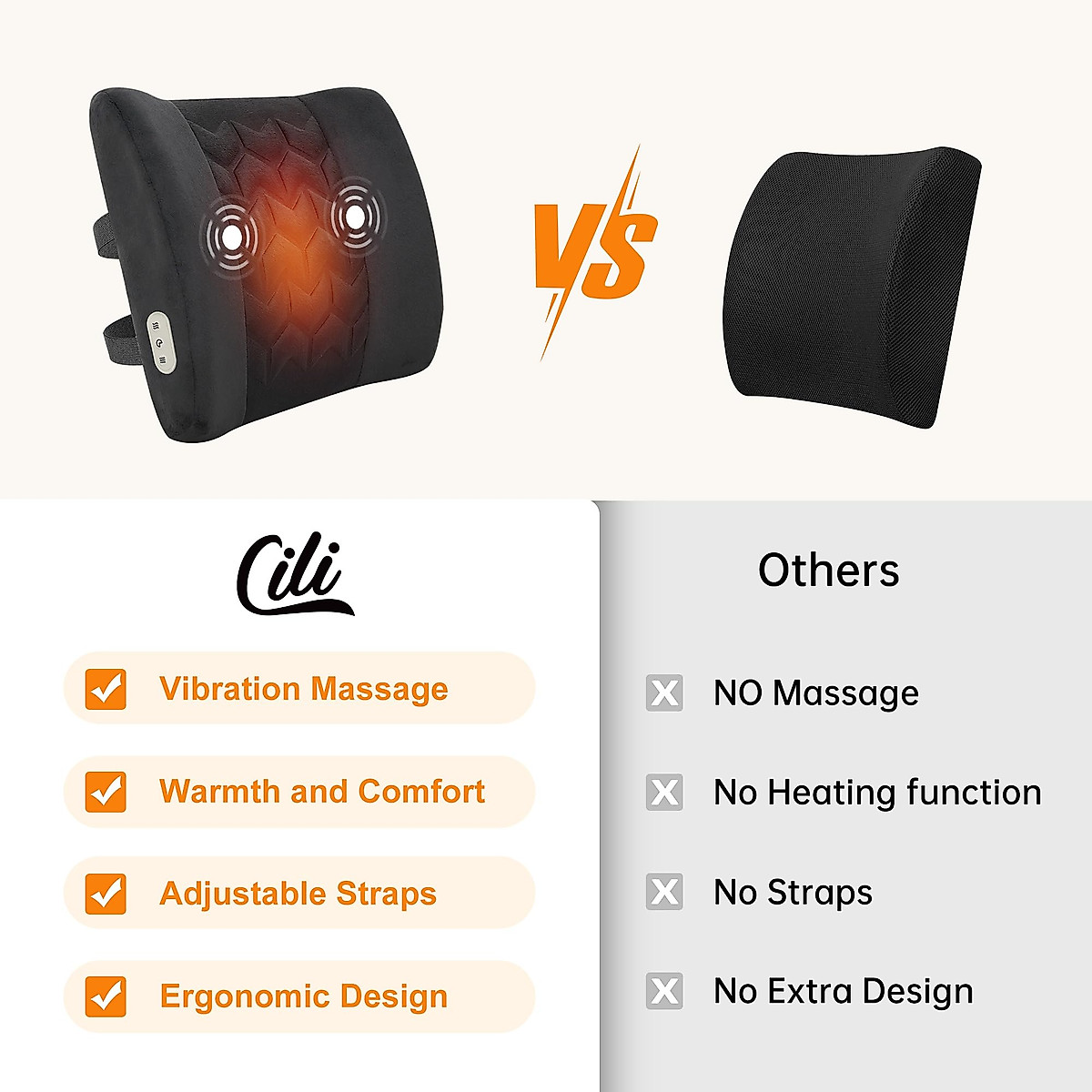 CILI Lumbar Support Pillow for Office Chair, Heated Back Support Pillow with Vibration, Back Massager for Chair, Back Rest Cushion Pillow for Desk Chair Sofa, Gifts for Mom Dad Women Men