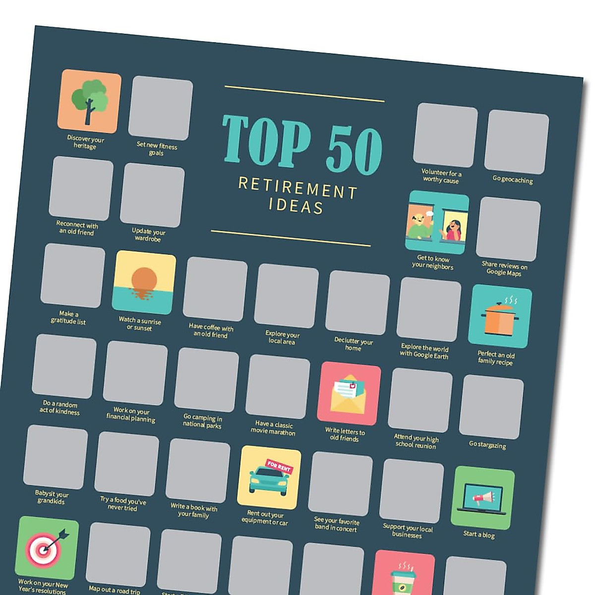 Retirement Party Gift Retirement Ideas Scratch Off Bucket List Poster – 50 Original Activities Ideas for Retirement Hobbies and Fun Things to Do in Retirement - UNFRAMED 11.7 x 16.5 Retirement Banner