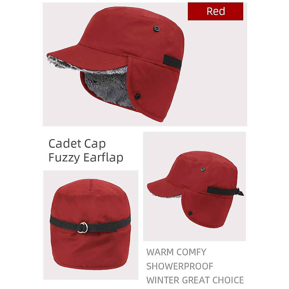 Gisdanchz Hiking Snow Ski Hunting Winter Earflap Elmer Fudd Army Military Hat for Men Women Cold Weather Warm Cadet Cap Ear Muffs Cover Adjustable Mens Trapper Baseball Flat Top Hats Headgear Red
