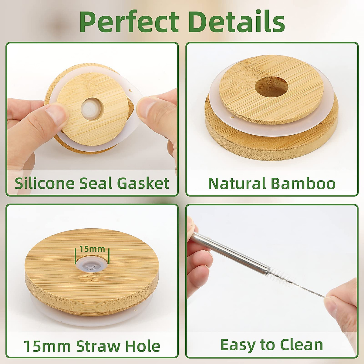 Mason Jar Lids - 12 Pack Mason Lids - Bamboo Wood with Silicone Sealing Rings for Regular Mouth Mason Jar Drinking Straw Lids with 12 Stainless Steel Straws