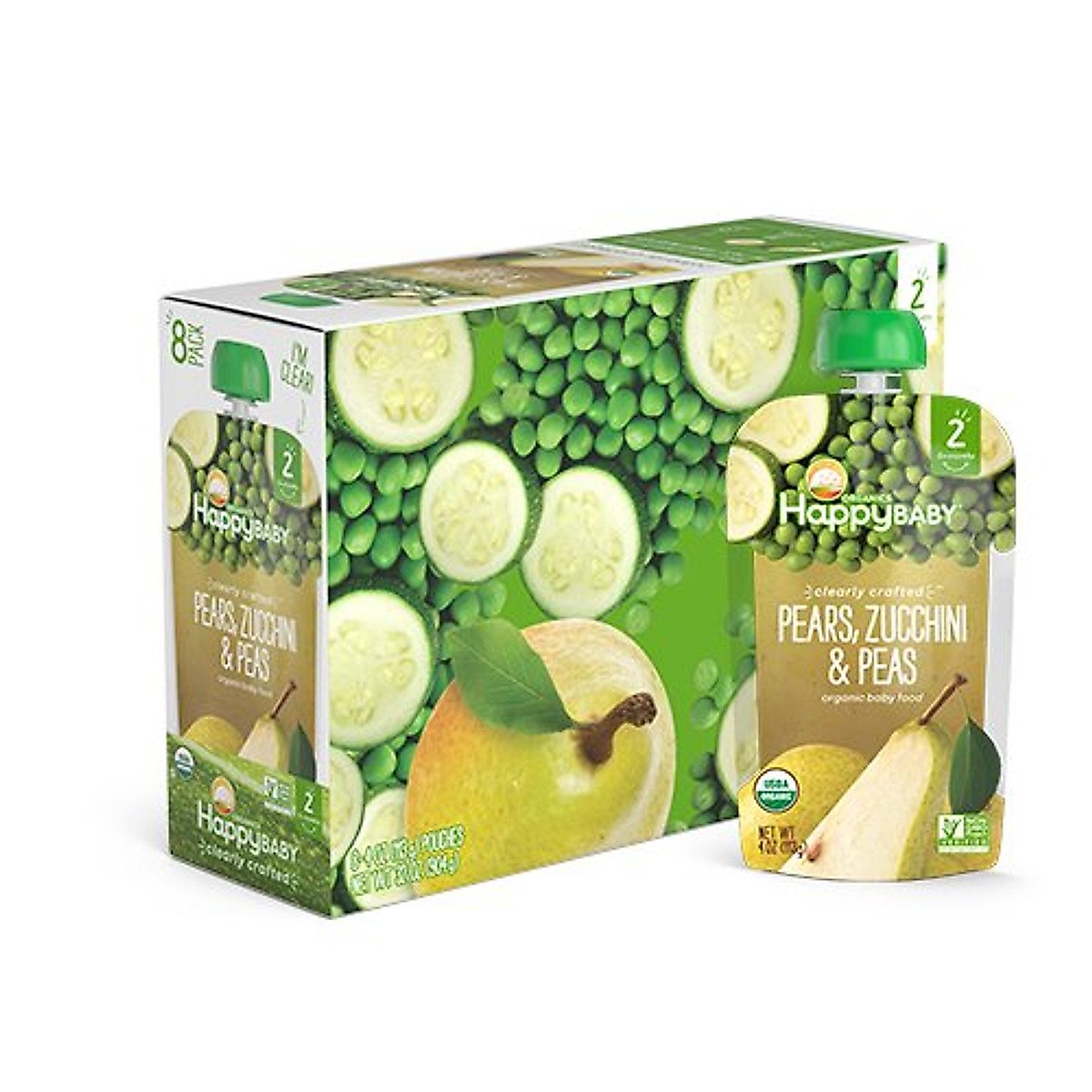 Happy Baby Organic Clearly Crafted Stage 2 Baby Food Pears Zucchini & Peas, 4 Ounce Pouch (Pack of 8) Resealable Baby Food Pouches, Fruit & Veggie Puree, Organic Non-GMO Gluten Free Kosher