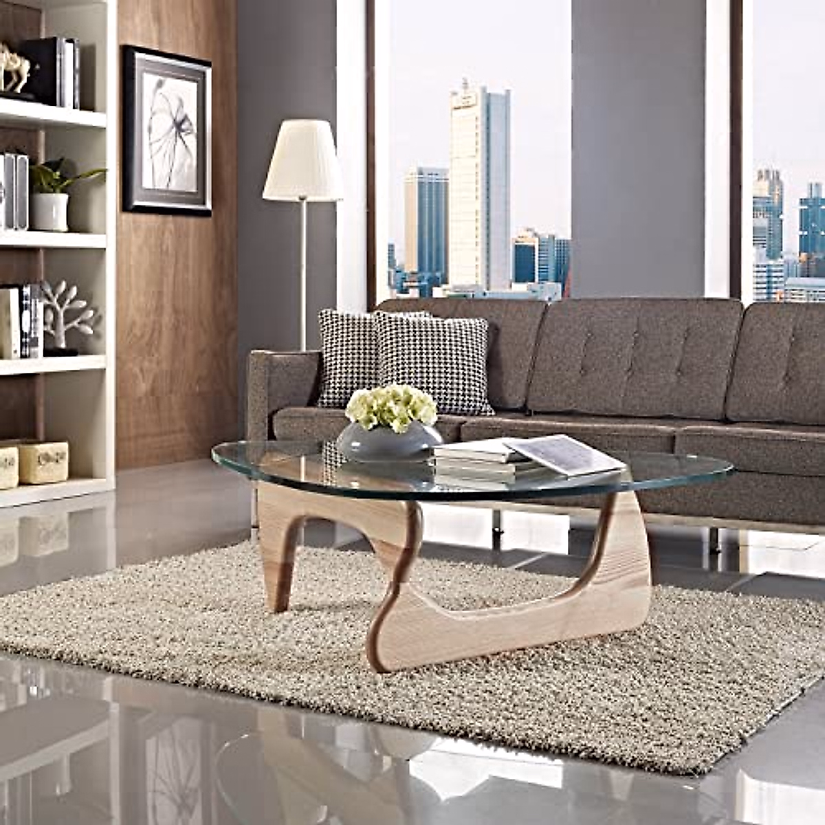 Rimdoc Noguchi Table Triangle Glass Coffee Table Vintage Glass End Table, Solid Wood Base & Triangle Clear Glass Top Modern End Table for Living Room, Patio, Study