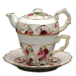 Gracie China by Coastline Imports 4-Piece Porcelain Tea for One, Stacked Teapot Cup Saucer, Red Rose