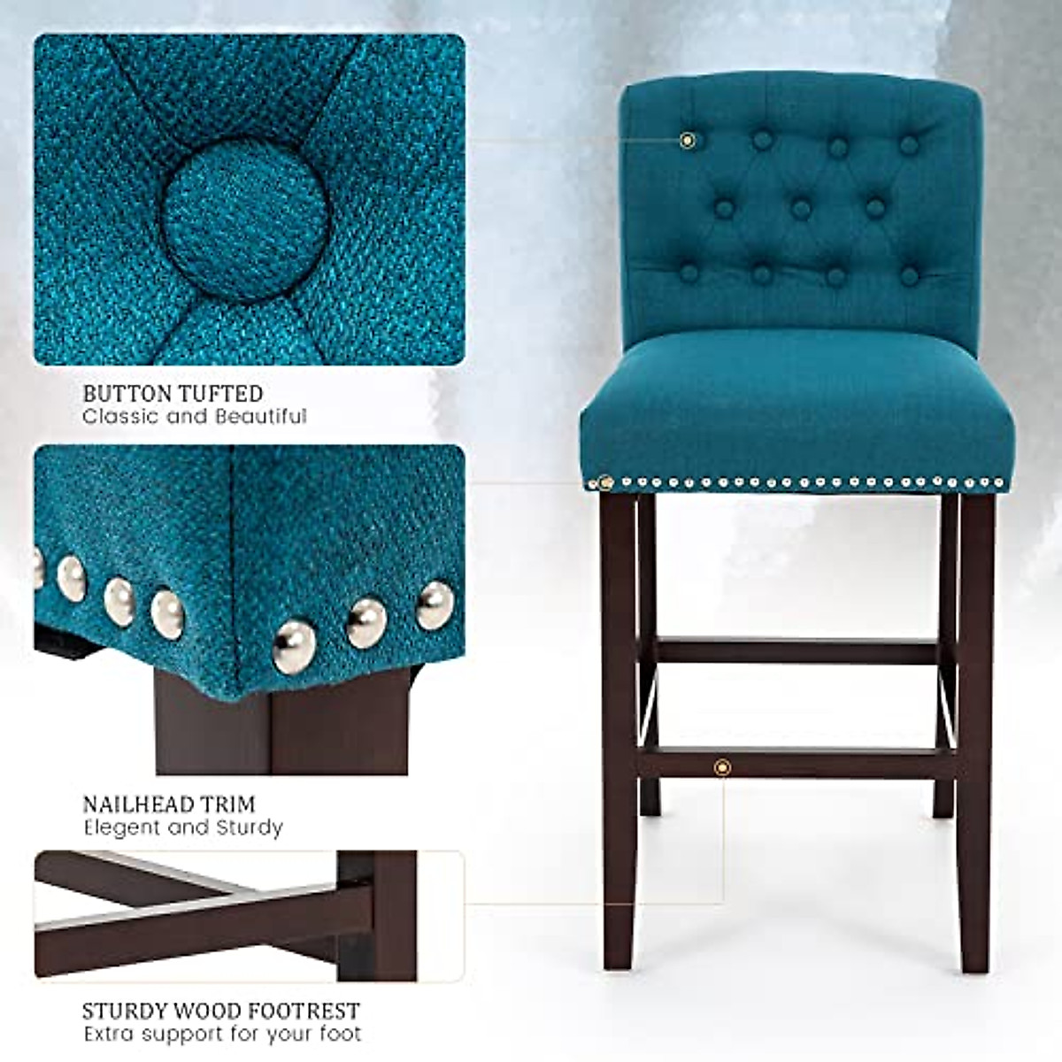 Brage Living 28 Inch Bar Stool, Linen Fabric Button Tufted Barstool with Back, Solid Wood Legs, Nailhead Trim, Upholstered Armless Bar Chair for Kitchen Dining Cafe (Lake Blue)
