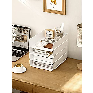 (4pcs Pack) HKeeper Stackable Paper Trays,Letter Tray Organizer,Office Desktop Organizer,A4 Paper Holder,Supplies Magazine,File Documents,Receipts（White）