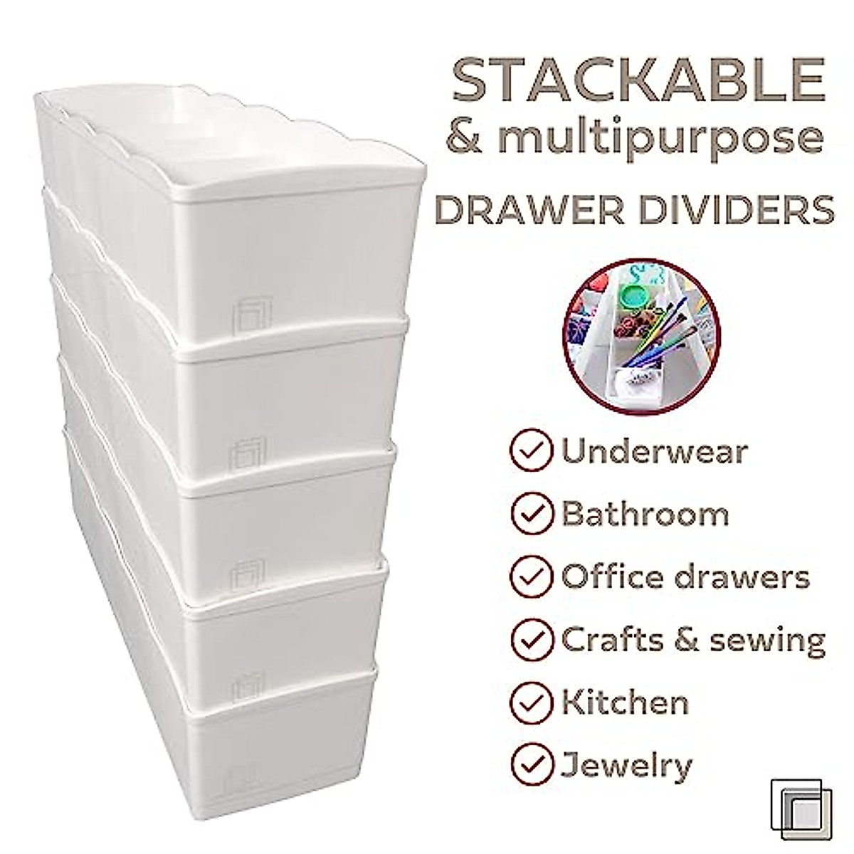 Uncluttered Designs Drawer Dividers (5 Set) Handy Stackable Organizers in Durable Plastic For Your Underwear, Crafts, Baby Clothes & Office Storage (White)