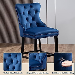 SICOTAS Bar Stools Set of 6 Stool Chair - Tufted Back Counter Stools for Kitchen Counter with Upholstered Velvet Cushion Barstools Nailhead Trim Wood Bar Height Chairs Stool for Pub Bistro 27.2'' Blue