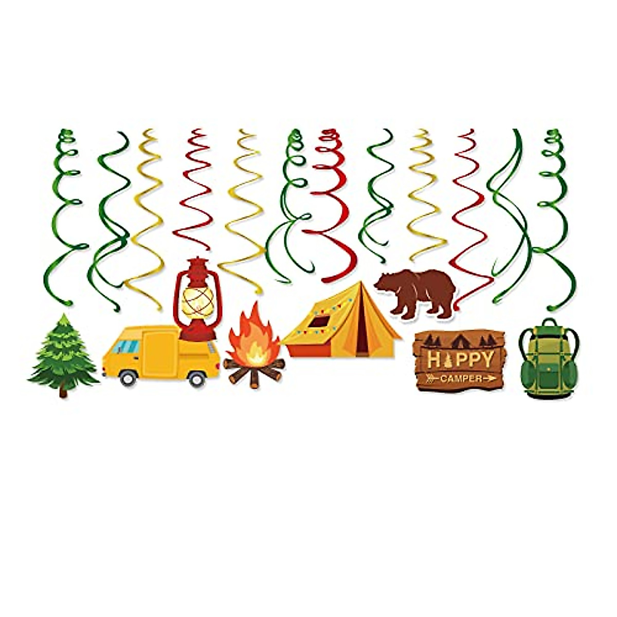 30CT Camping Hanging Swirl Party Decorations, Happy Camper Foil Swirls Camping Adventure Ceiling Streamers, Camping Theme Party Supplies Birthday Decoration for Kids Adults Baby Shower