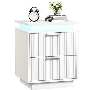 Furmax Nightstand with LED Light, Set of 2 Night Stand with Drawers, White Bedside Table, Modern End Side Table for Bedroom
