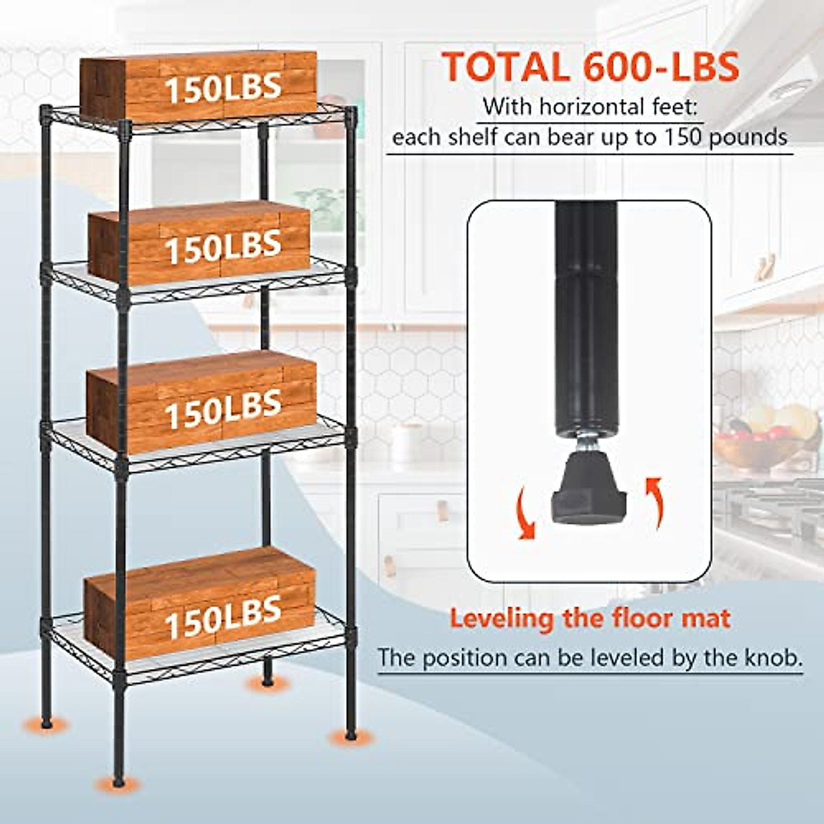 FDW 18L x 12W x 44H Wire Shelves Metal Shelf with 4 PP Sheets Storage Shelves 4 Tier Layer Storage Shelves for Laundry Bathroom Kitchen Garage,Black