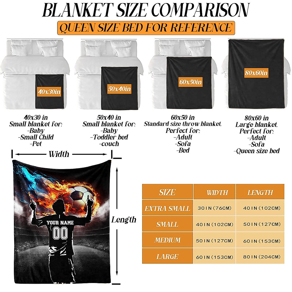 CaomeiWu Custom Soccer Blanket, 40"x50" Flannel Cool Soccers Sports Themed Throw, Soft Nap Throw Blanket for Home Boys Girls Women Men Soccer Lovers Gifts