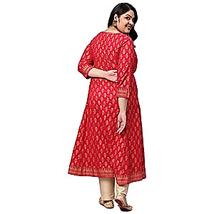 Yash Gallery Plus Size Cotton Gold Printed Anarkali Kurtis for Women (Red)