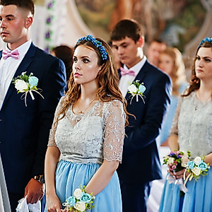 Yunlly 2 Pcs Boutonniere Wrist Corsage Set Artificial Rose Corsage Wristband Boutonniere Flower Decor Wrist Corsage for Men Women Bride Bridesmaids Wedding Accessories Prom Suit Decor (Blue, White)