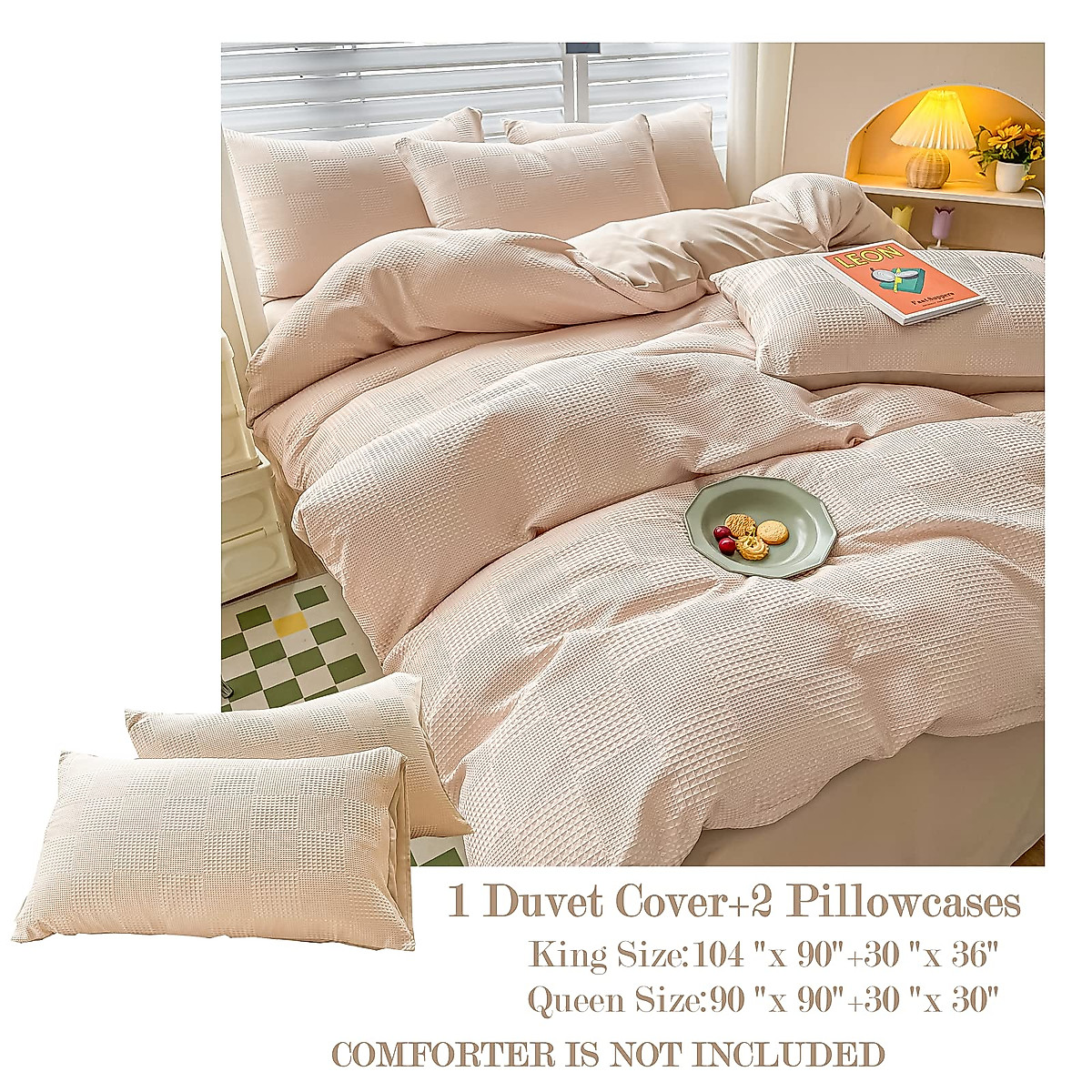 Beyeutao Brown Waffle Duvet Cover Ultra Soft Washable Queen Duvet Cover Comforter Textured 3 Piece Bedding Set with Duvet Cover Pillowcases Zipper Closure.